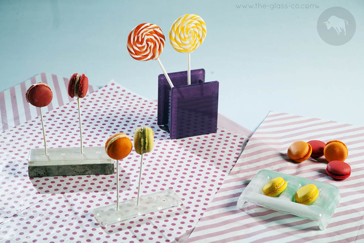 Vibrant Macaron Display. Handmade Glass Plates and Stands